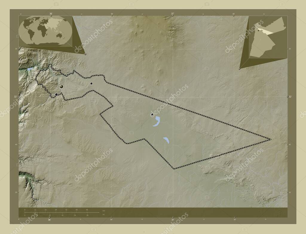 Zarqa, provincia de Jordania. Mapa de elevación coloreado en estilo ...