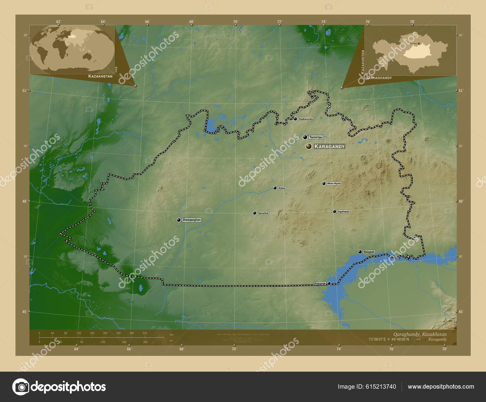 Qaraghandy Region Kazakhstan Colored Elevation Map Lakes Rivers ...
