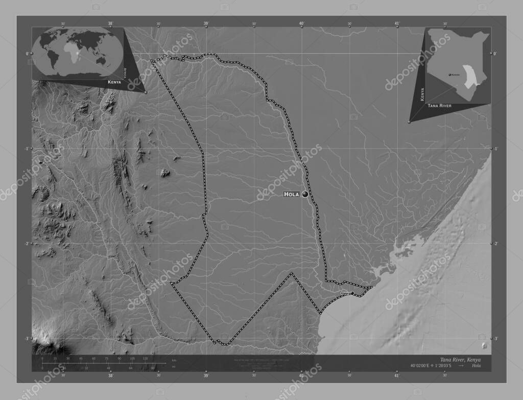 Río Tana, condado de Kenia. Mapa de elevación de Bilevel con lagos y ...