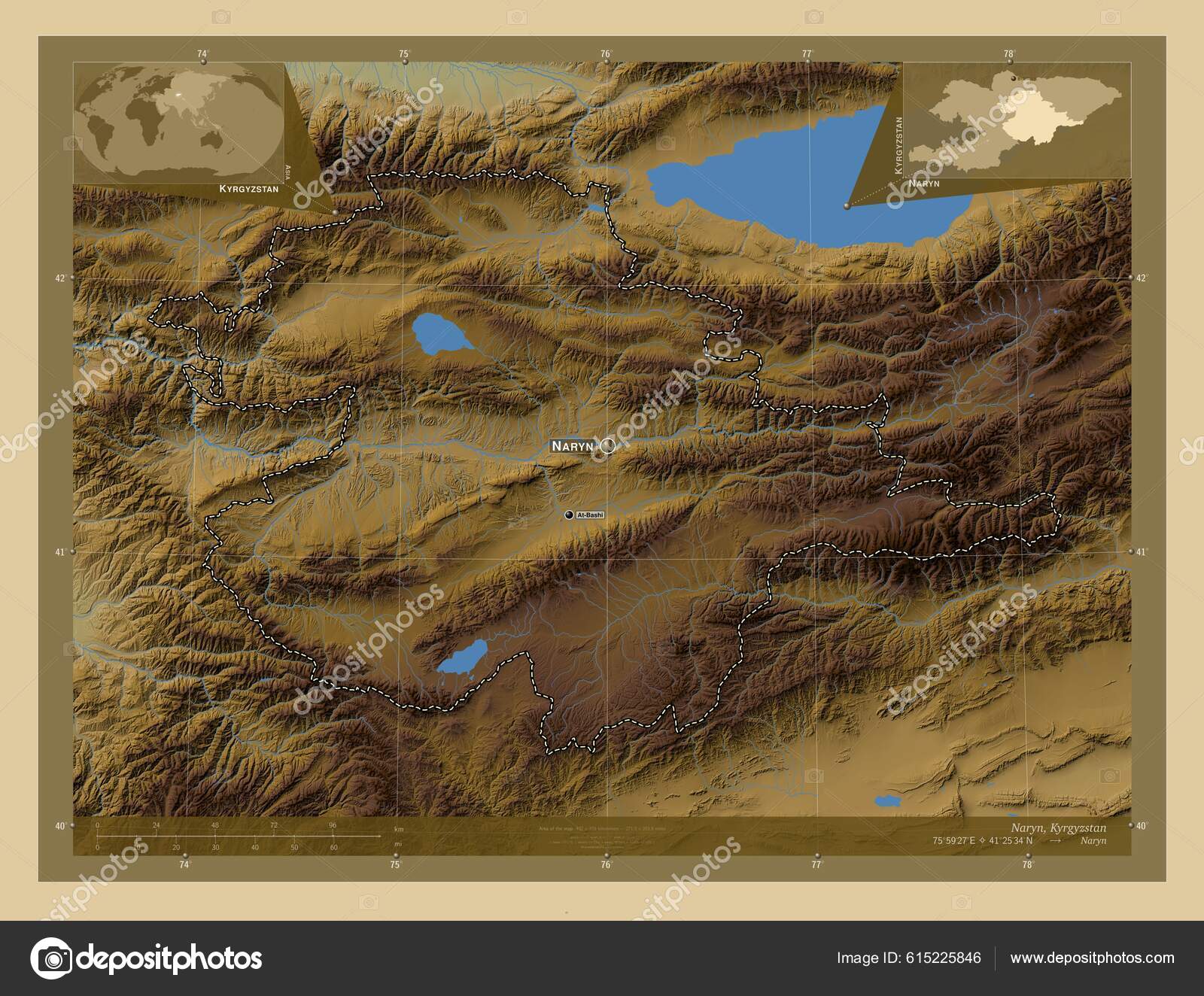 Naryn Province Kyrgyzstan Colored Elevation Map Lakes Rivers Locations ...