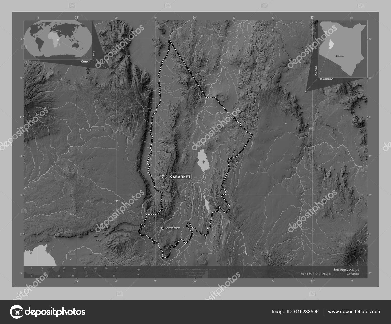 Baringo County Kenya Grayscale Elevation Map Lakes Rivers Locations ...