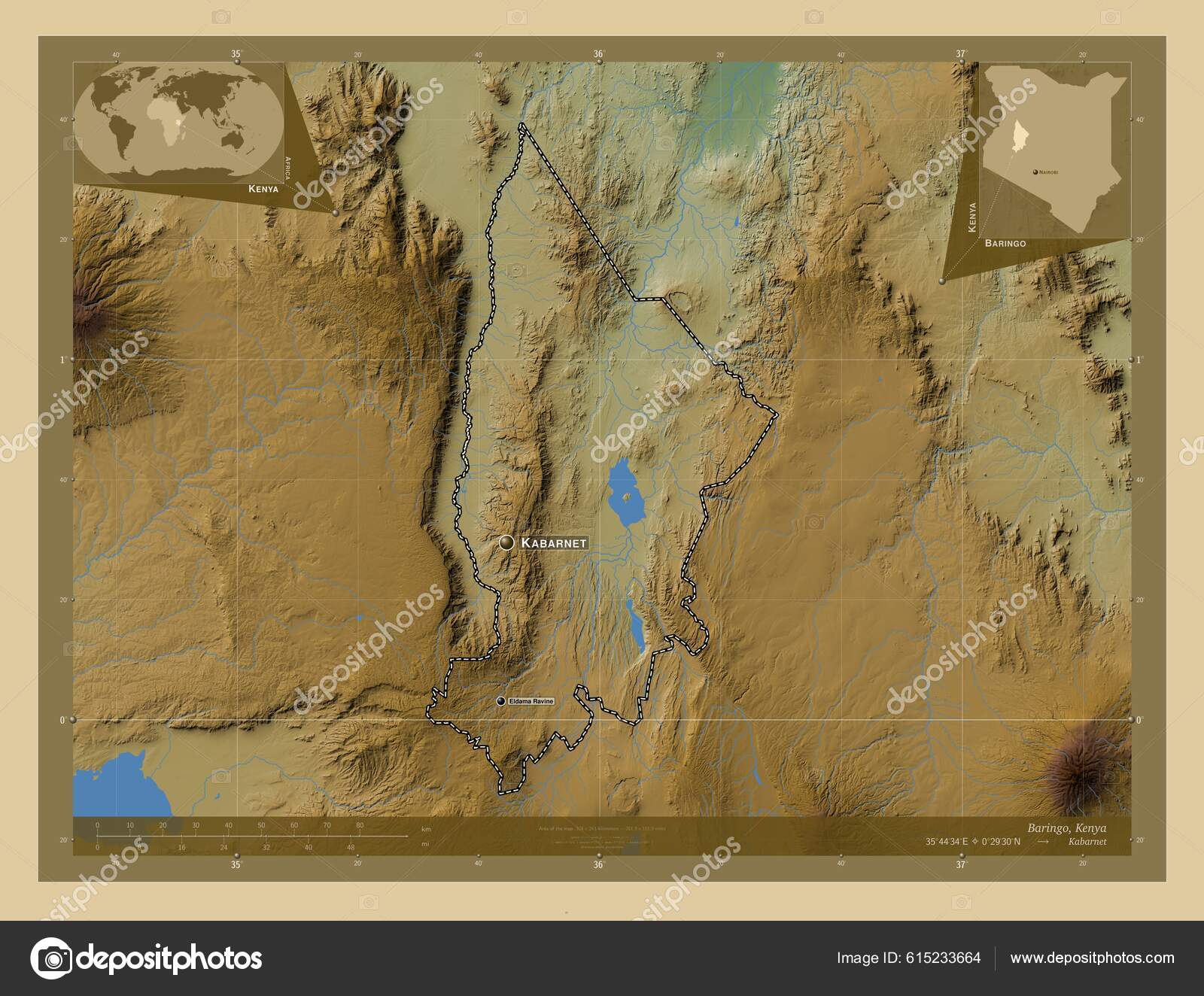 Baringo County Kenya Colored Elevation Map Lakes Rivers Locations Names ...