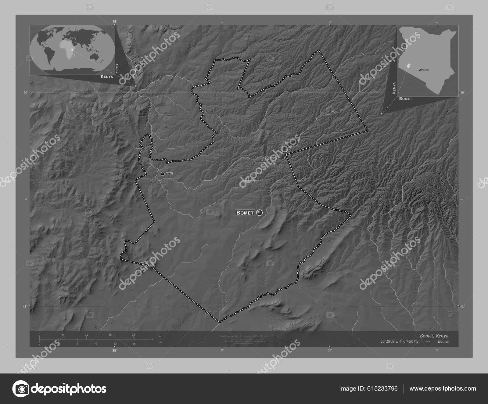Bomet County Kenya Grayscale Elevation Map Lakes Rivers Locations Names ...