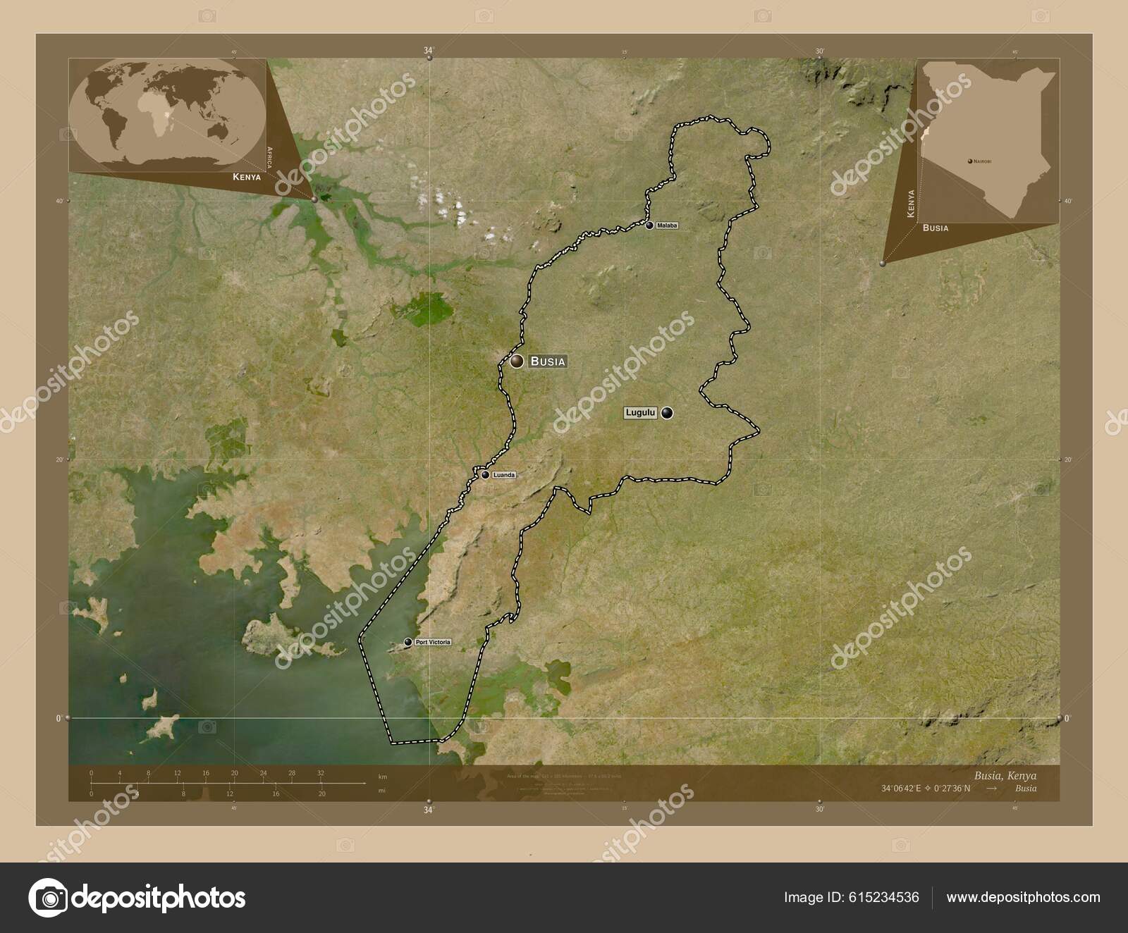 Busia County Kenya Low Resolution Satellite Map Locations Names Major ...