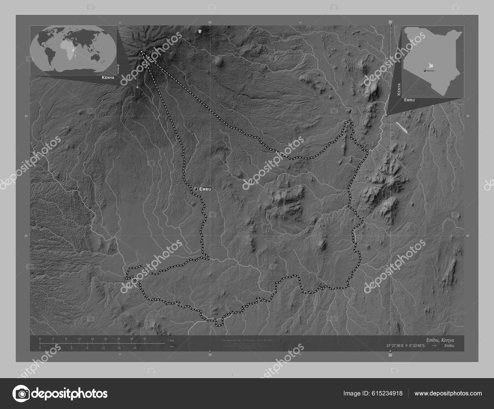 Embu County Kenya Grayscale Elevation Map Lakes Rivers Locations Names ...