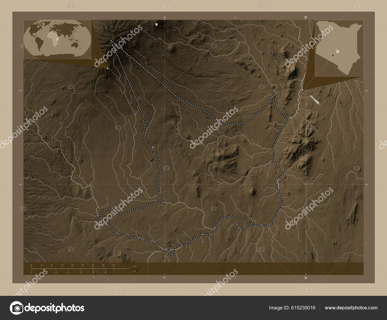 Embu County Kenya Elevation Map Colored Sepia Tones Lakes Rivers ...