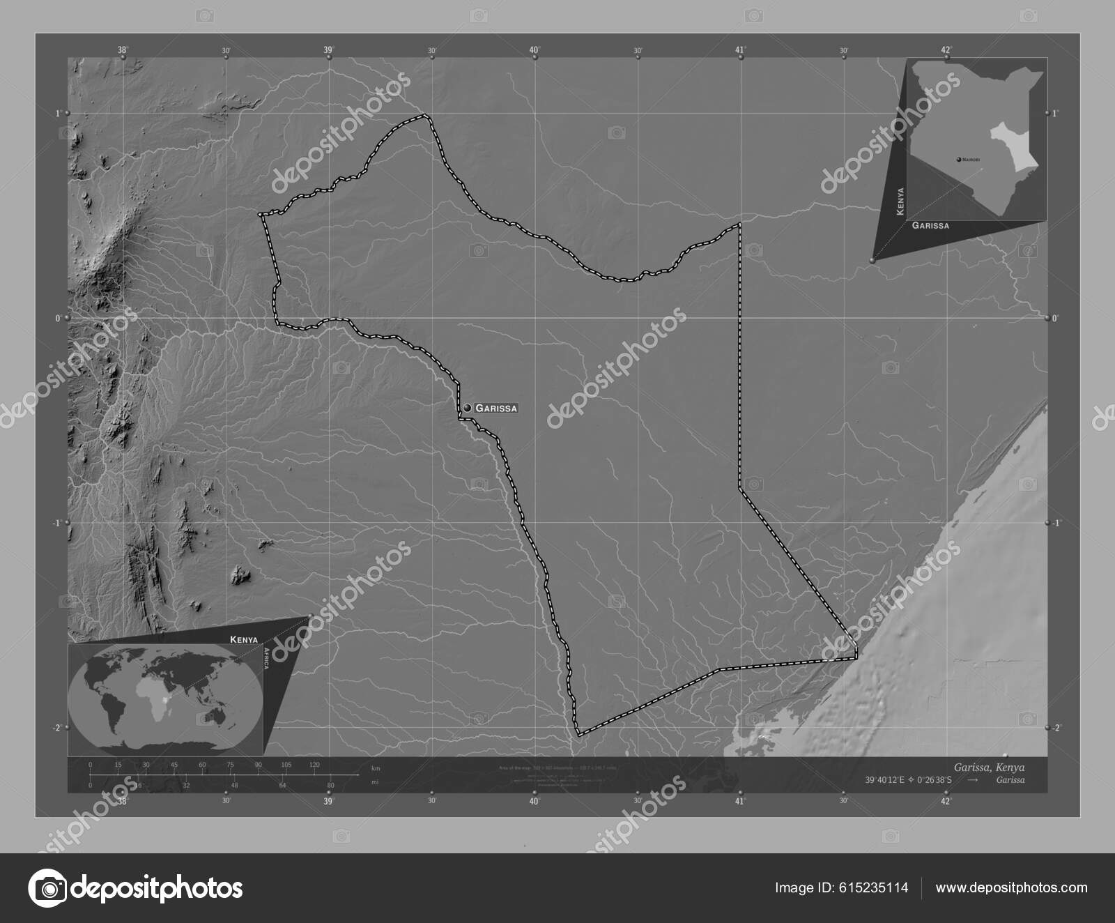 Garissa County Kenya Bilevel Elevation Map Lakes Rivers Locations Names ...