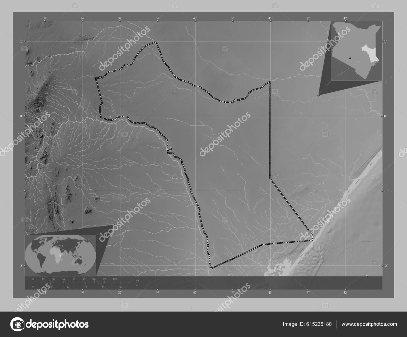 Garissa County Kenya Grayscale Elevation Map Lakes Rivers Locations ...