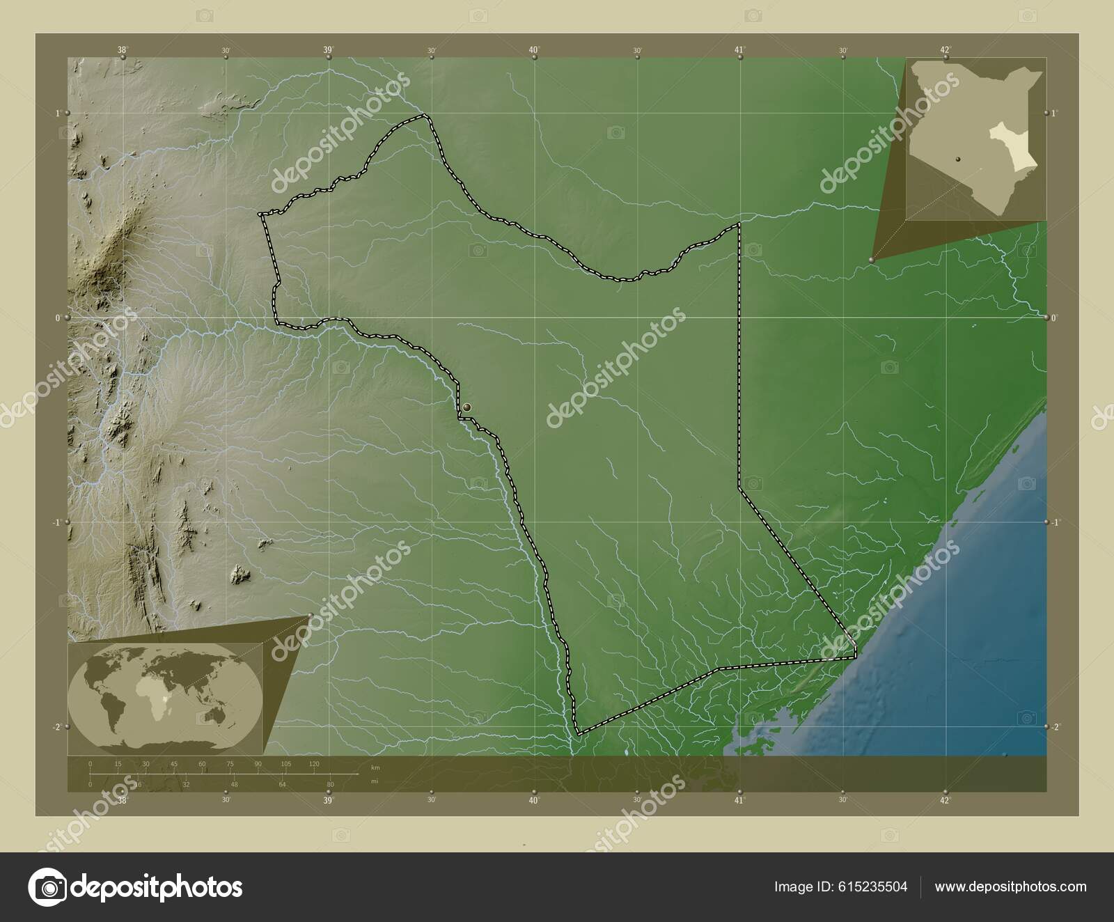 Garissa County Kenya Elevation Map Colored Wiki Style Lakes Rivers ...