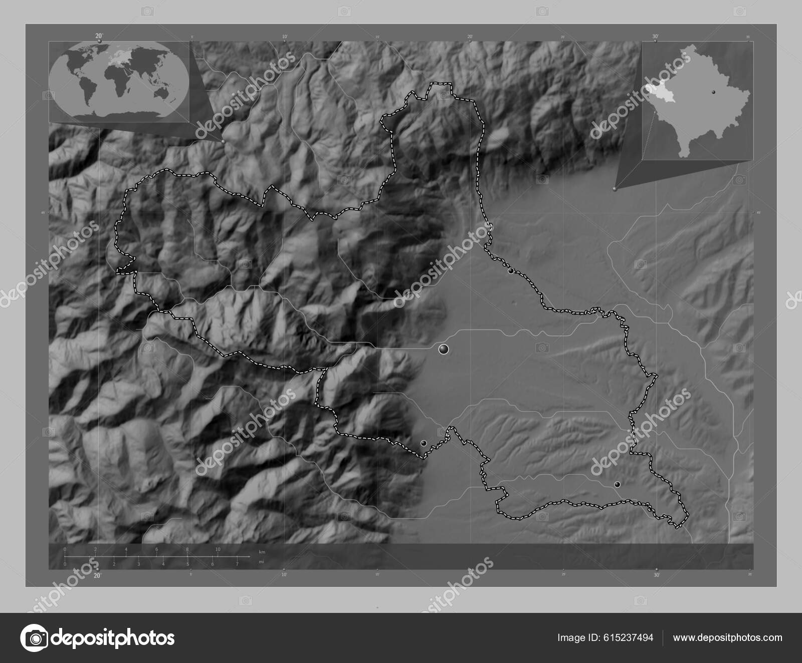 Peja Municipality Kosovo Grayscale Elevation Map Lakes Rivers Locations ...