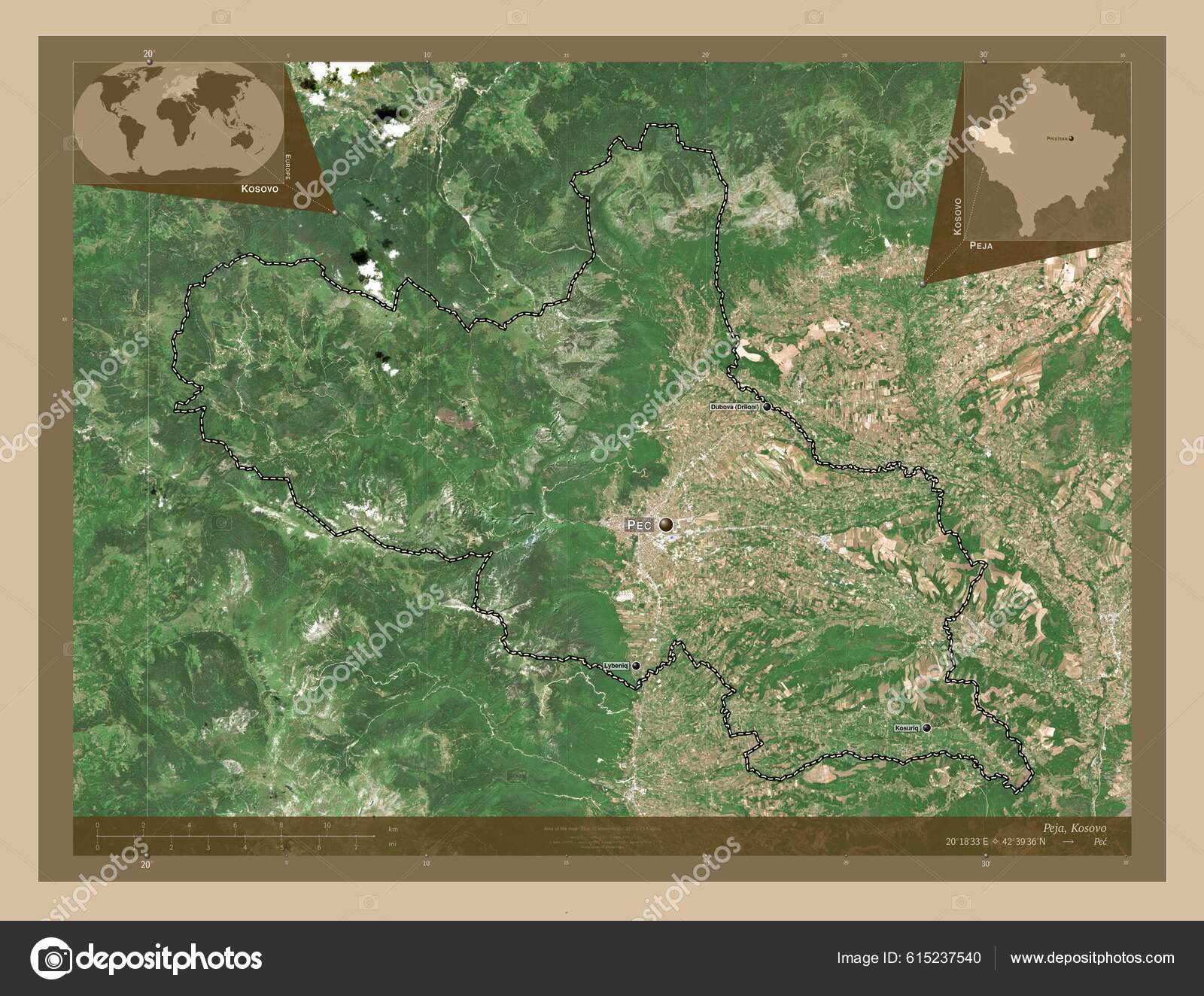 Peja Municipality Kosovo Low Resolution Satellite Map Locations Names ...