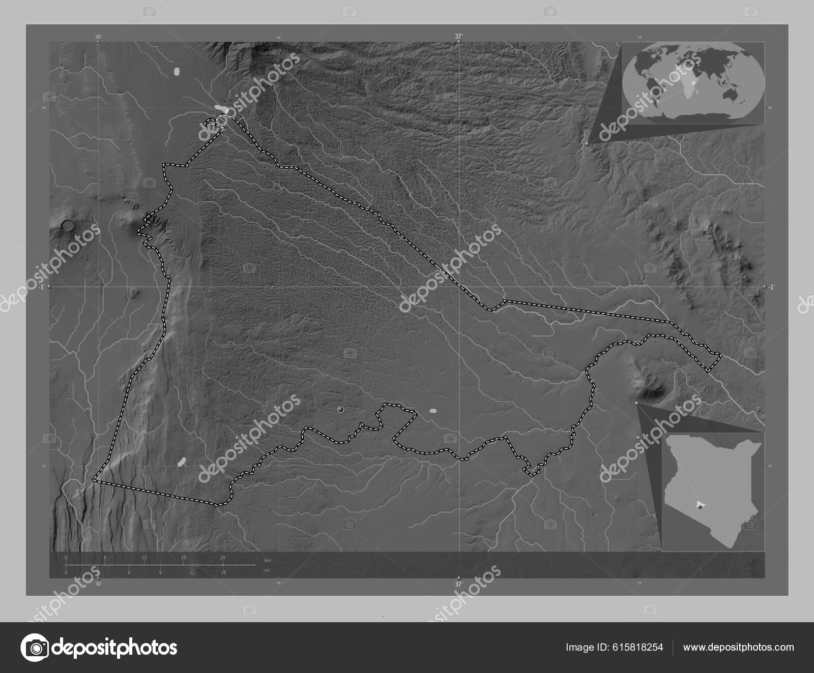 Kiambu County Kenya Grayscale Elevation Map Lakes Rivers Corner ...