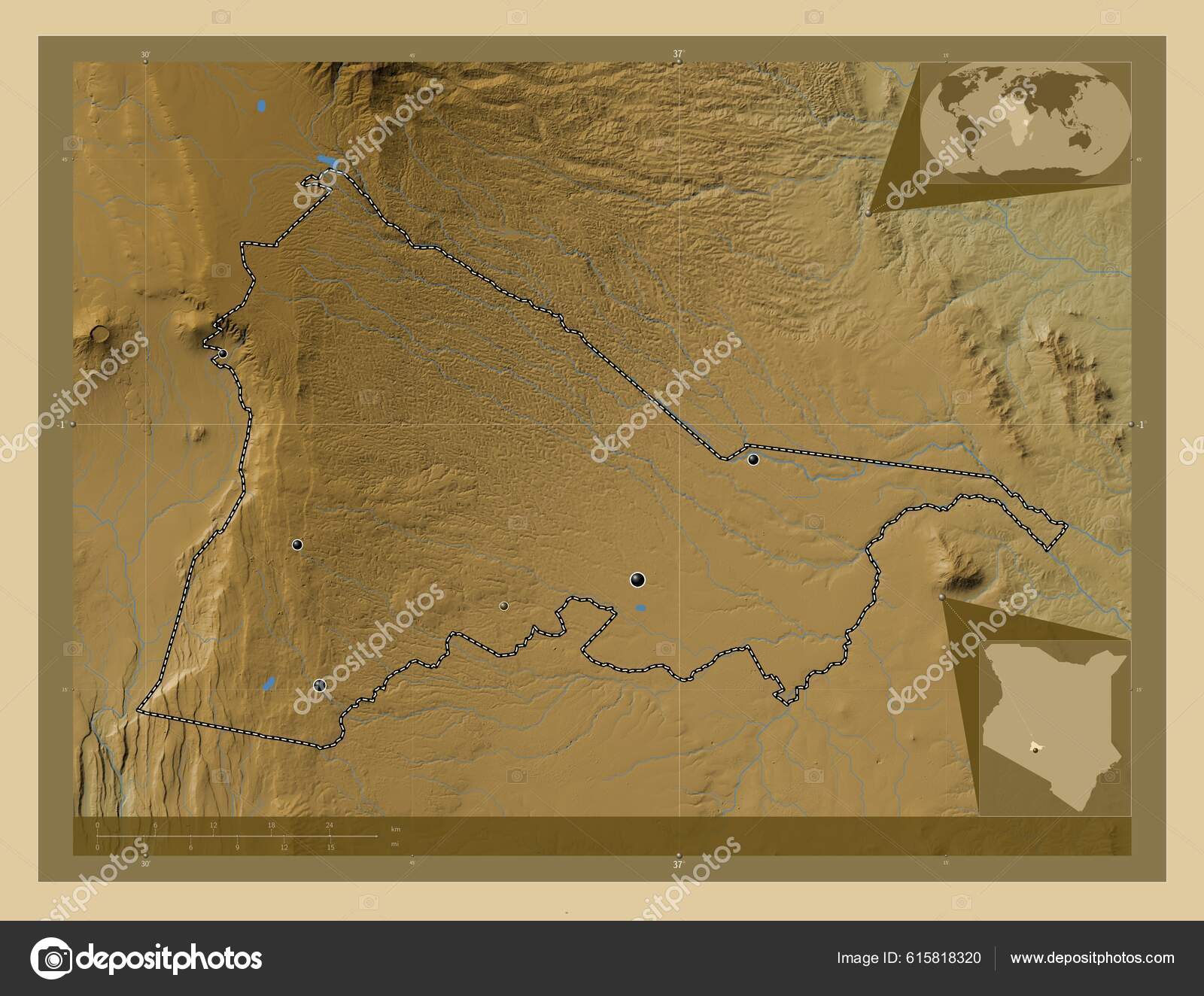 Kiambu County Kenya Colored Elevation Map Lakes Rivers Locations Major ...