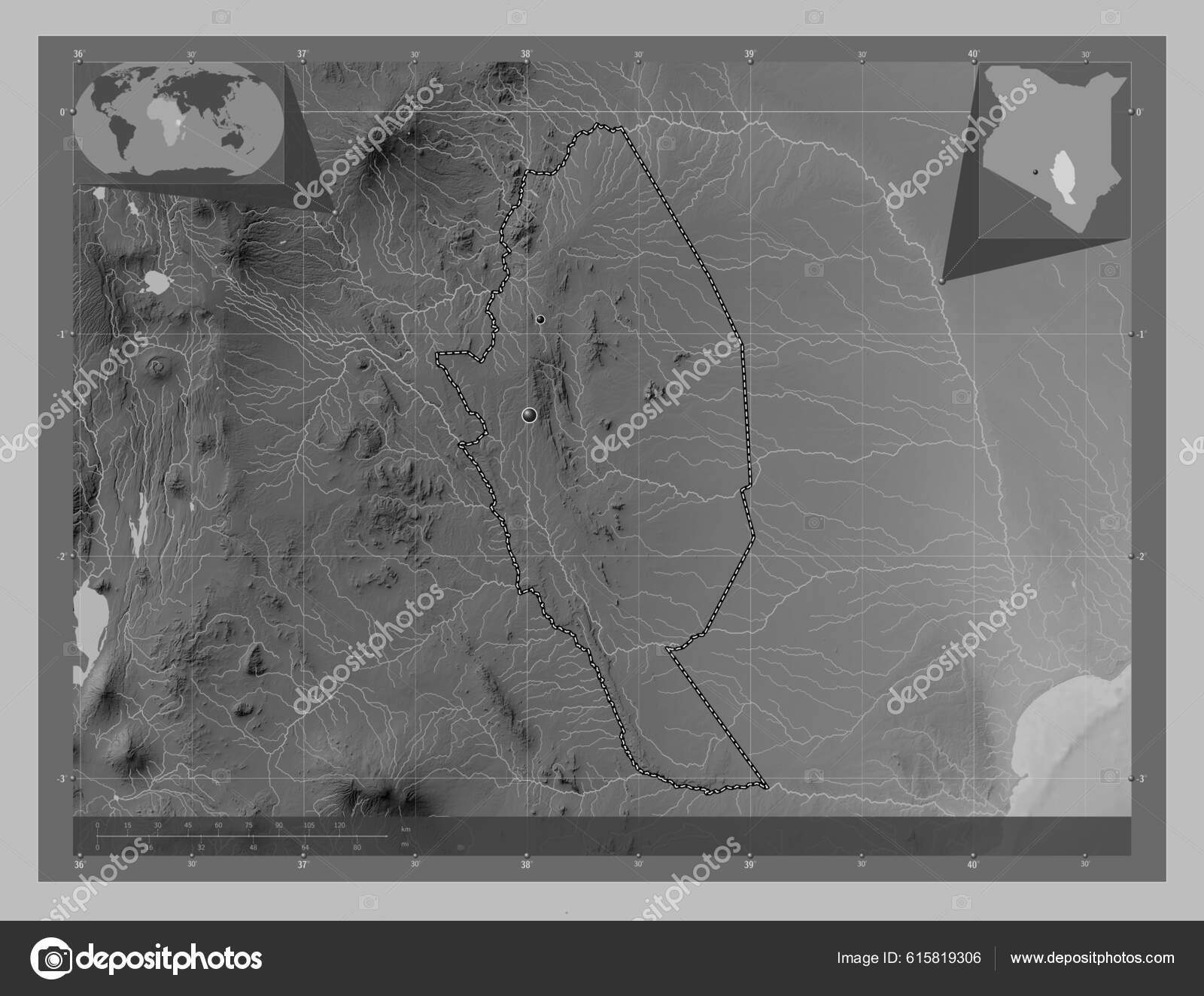 Kitui County Kenya Grayscale Elevation Map Lakes Rivers Locations Major ...