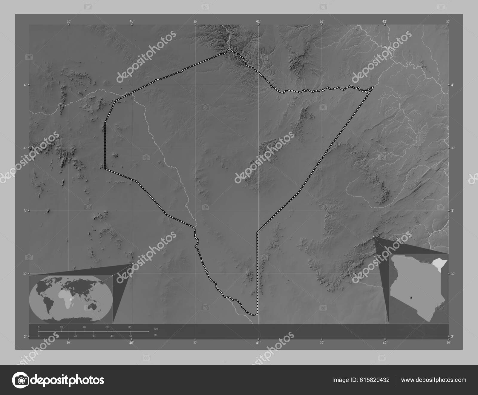 Mandera County Kenya Grayscale Elevation Map Lakes Rivers Locations ...