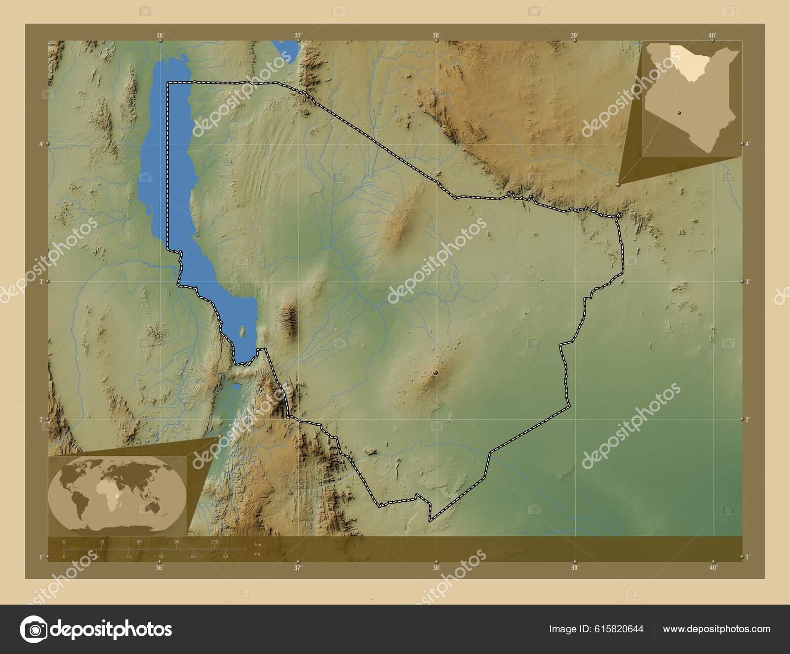 Marsabit County Kenya Colored Elevation Map Lakes Rivers Corner ...