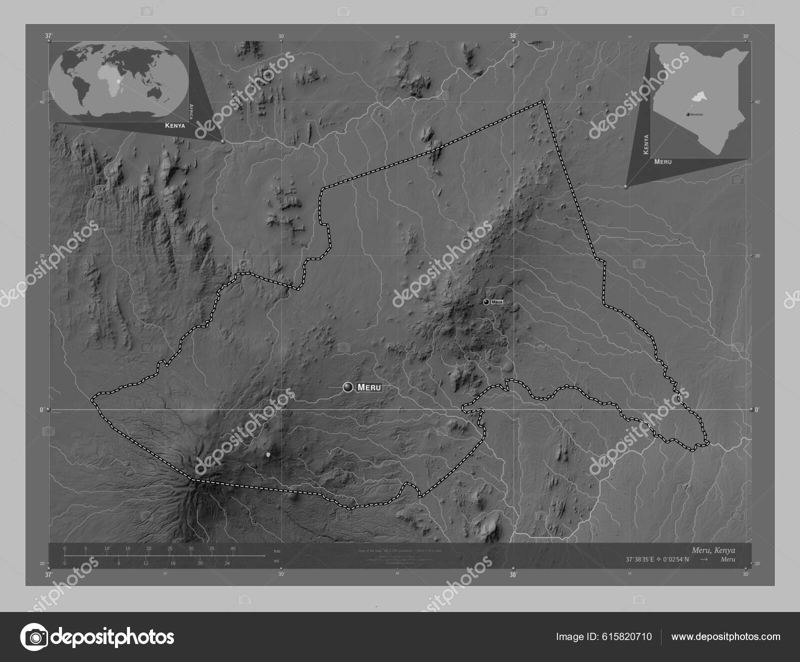 Meru County Kenya Grayscale Elevation Map Lakes Rivers Locations Names ...
