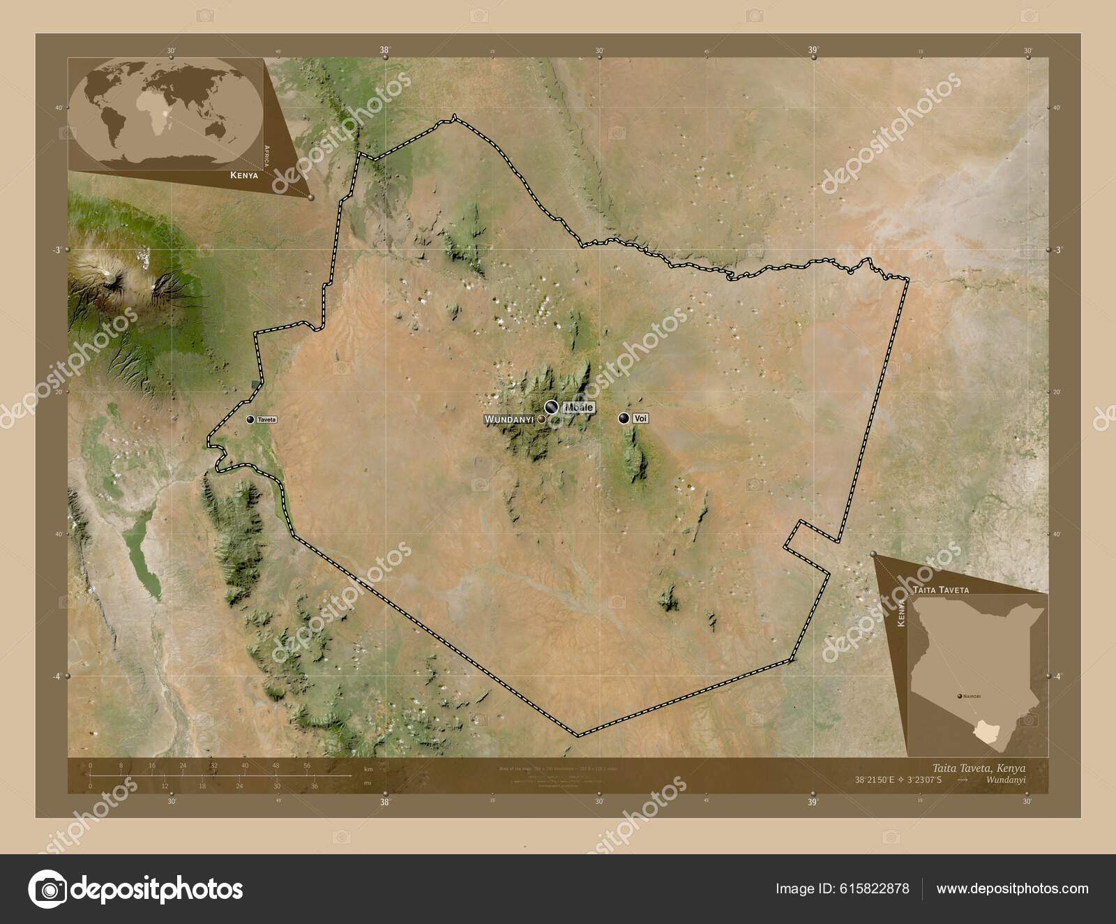 Taita Taveta County Kenya Low Resolution Satellite Map Locations Names ...