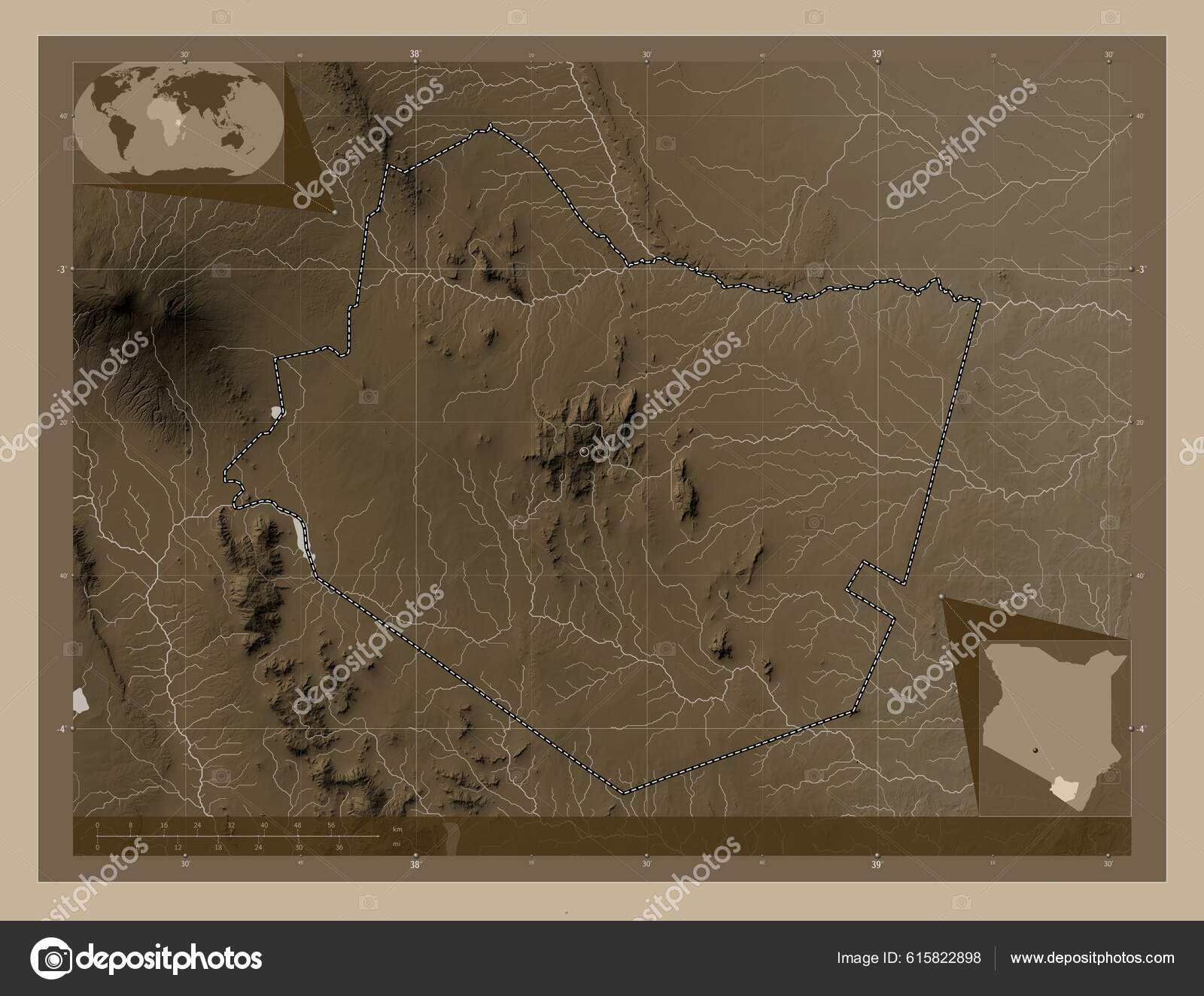 Taita Taveta County Kenya Elevation Map Colored Sepia Tones Lakes ...