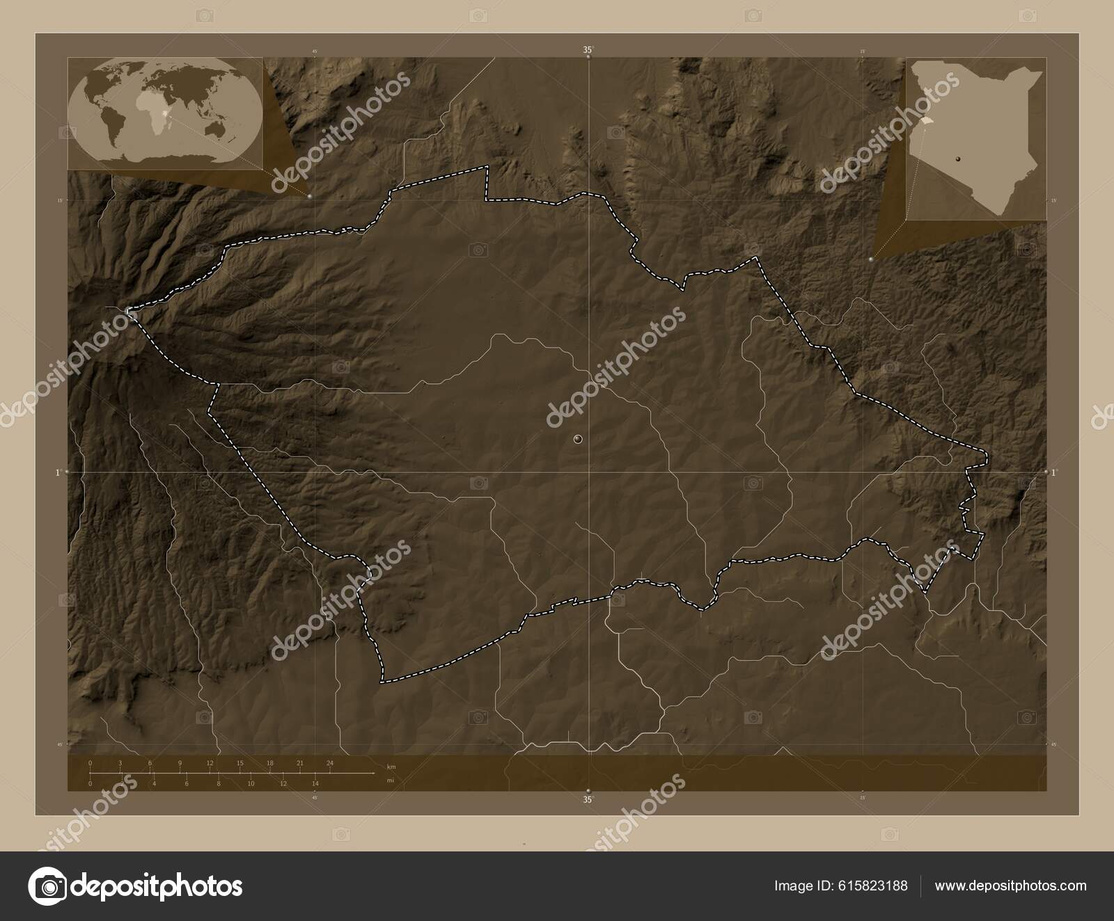 Trans Nzoia County Kenya Elevation Map Colored Sepia Tones Lakes ...