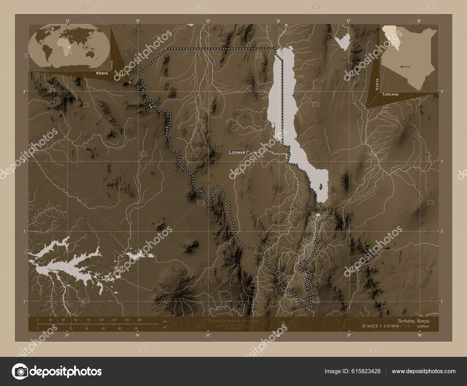 Turkana County Kenya Elevation Map Colored Sepia Tones Lakes Rivers ...