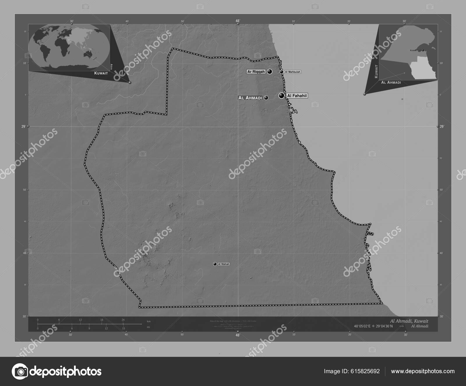 Ahmadi Province Kuwait Bilevel Elevation Map Lakes Rivers Locations ...