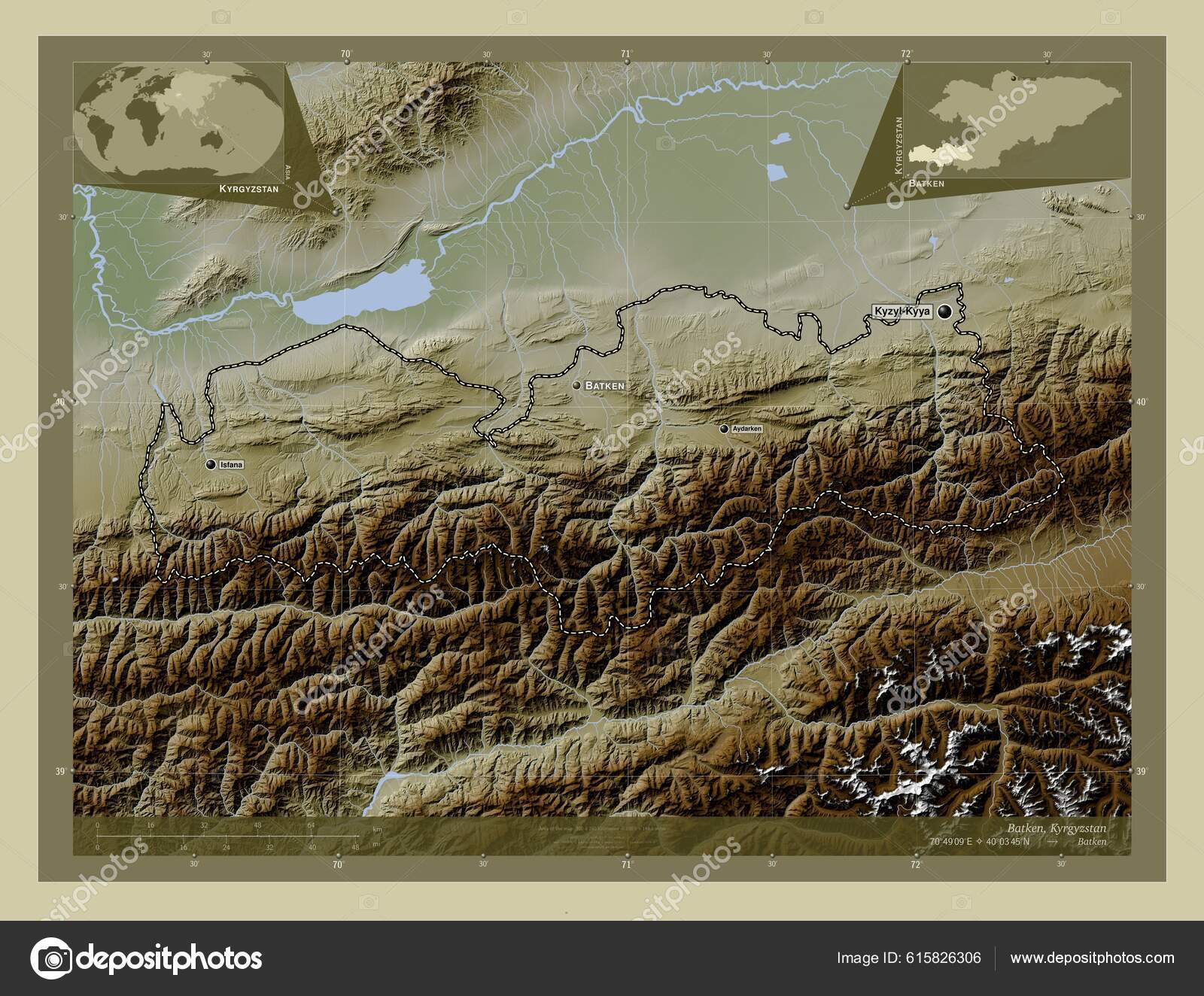Batken Province Kyrgyzstan Elevation Map Colored Wiki Style Lakes ...