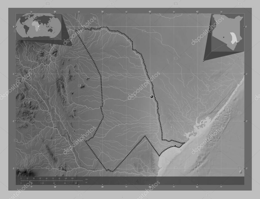 Río Tana, condado de Kenia. Mapa de elevación a escala de grises con ...