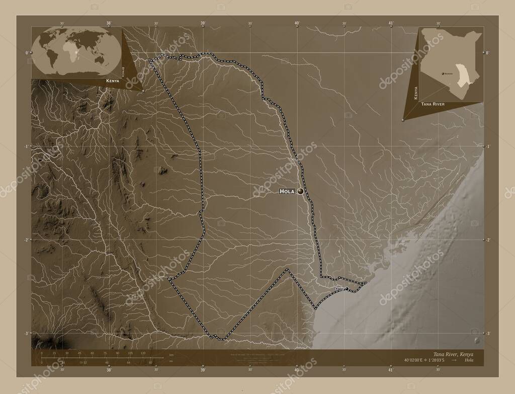 Río Tana, condado de Kenia. Mapa de elevación coloreado en tonos sepia ...
