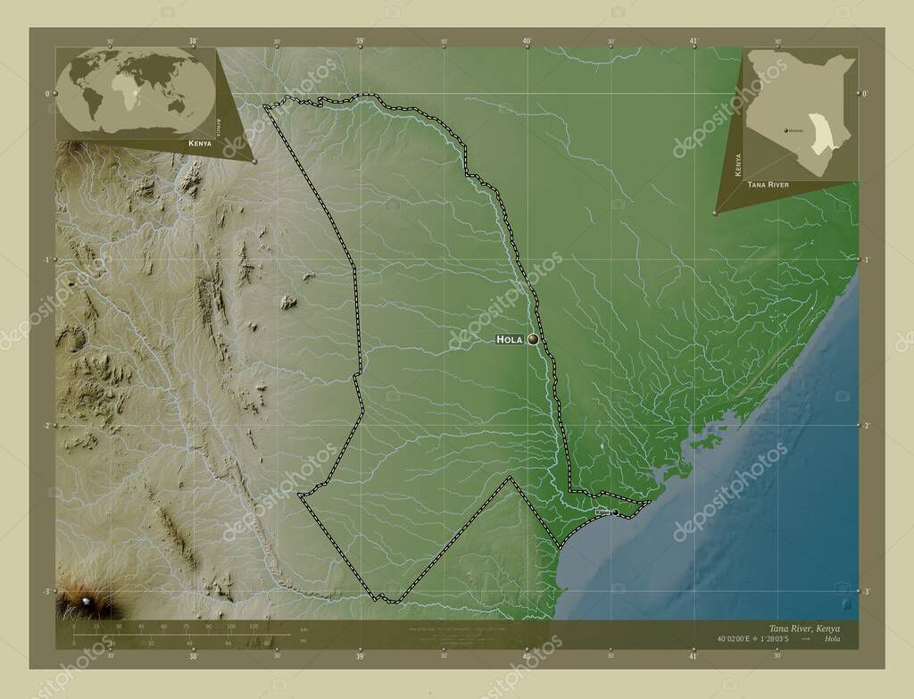 Río Tana, condado de Kenia. Mapa de elevación coloreado en estilo wiki ...