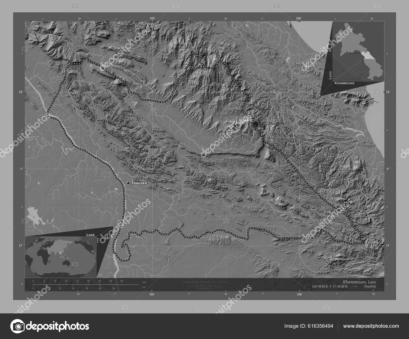 Khammouan Province Laos Bilevel Elevation Map Lakes Rivers Locations Names Stock Photo by ...