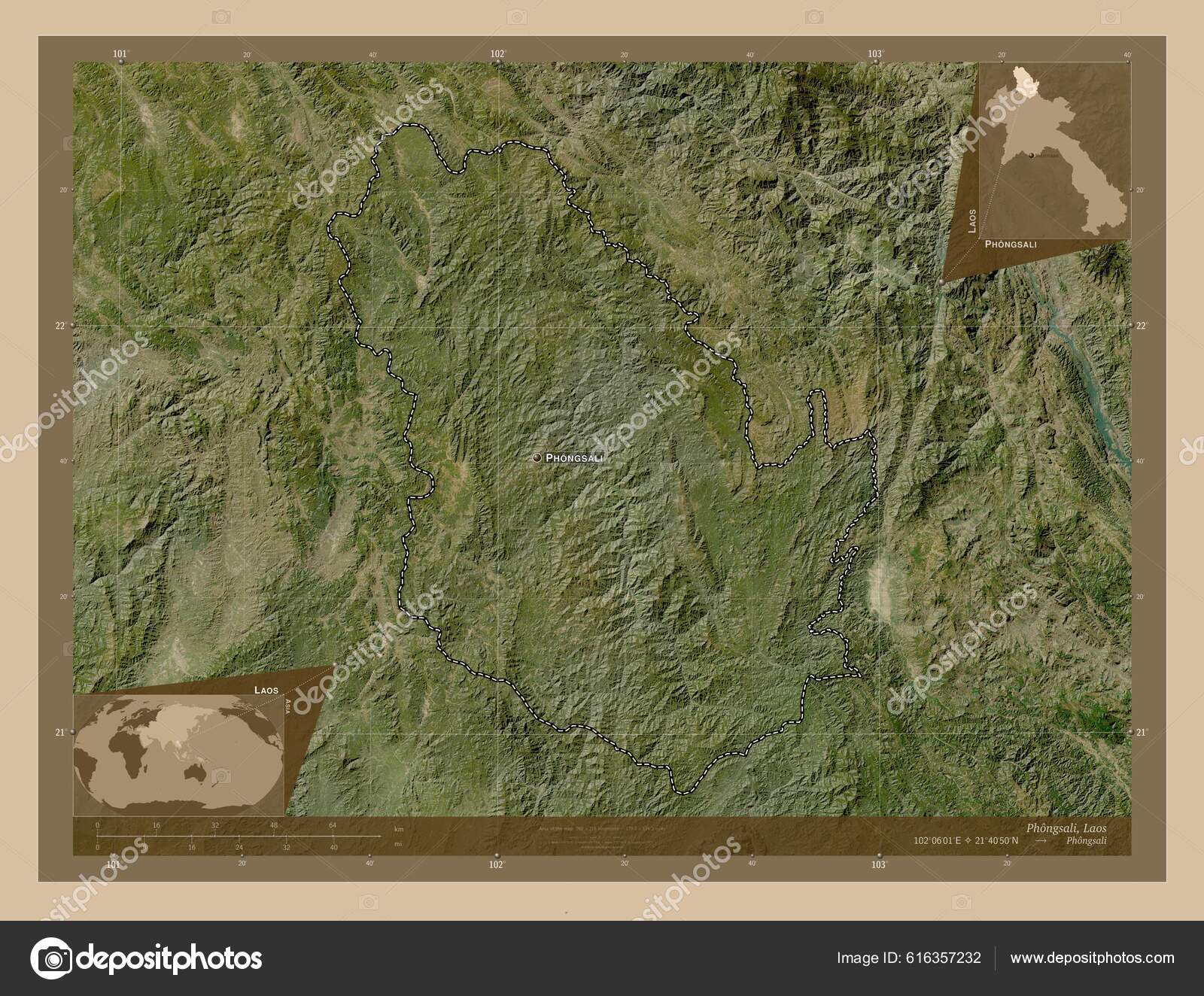 Phongsali Province Laos Low Resolution Satellite Map Locations Names ...