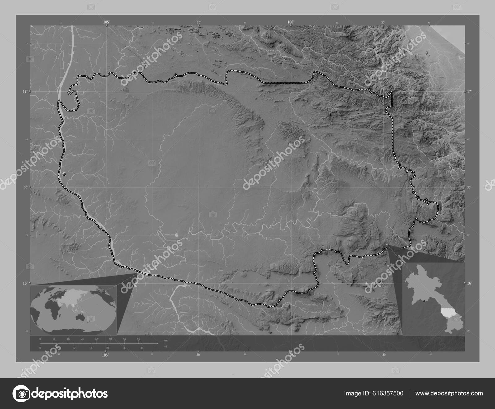 Savannakhet Province Laos Grayscale Elevation Map Lakes Rivers ...