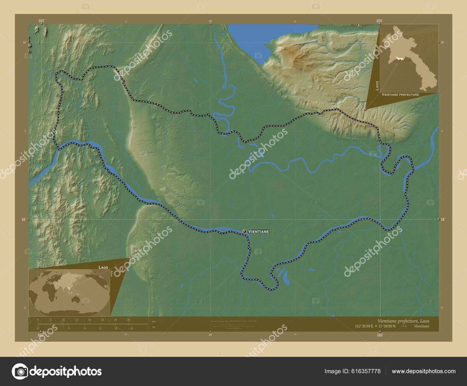 Vientiane Prefecture Prefecture Laos Colored Elevation Map Lakes Rivers ...