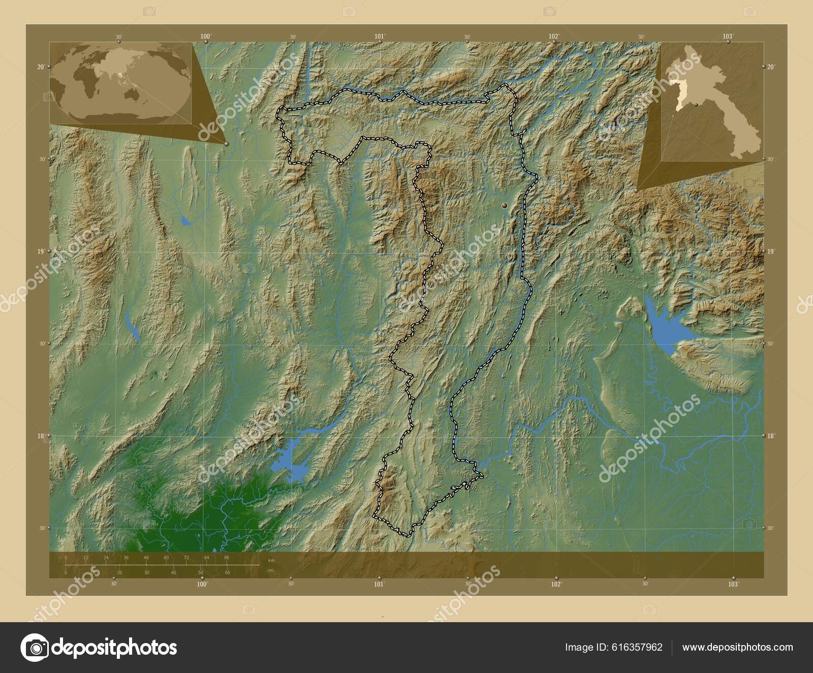 Xaignabouri Province Laos Colored Elevation Map Lakes Rivers Locations ...