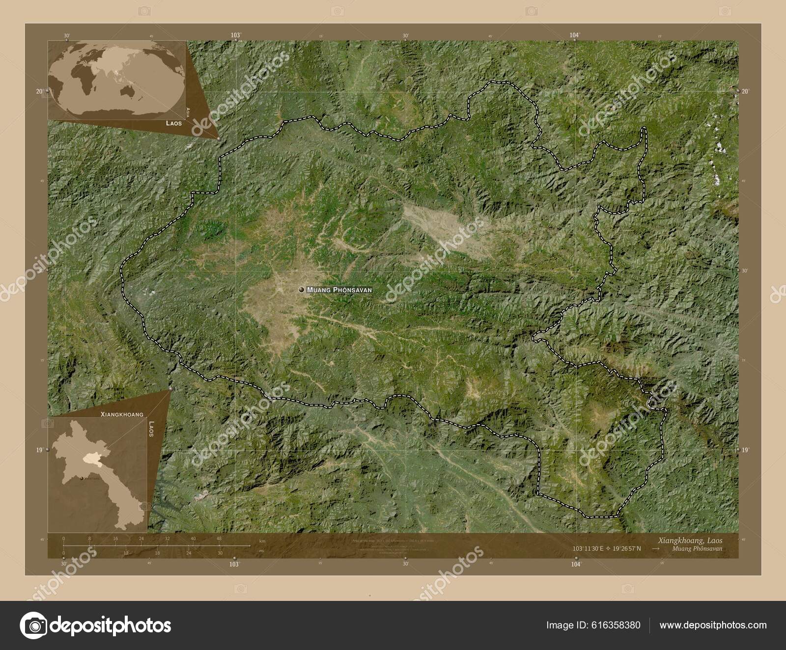 Xiangkhoang Province Laos Low Resolution Satellite Map Locations Names ...