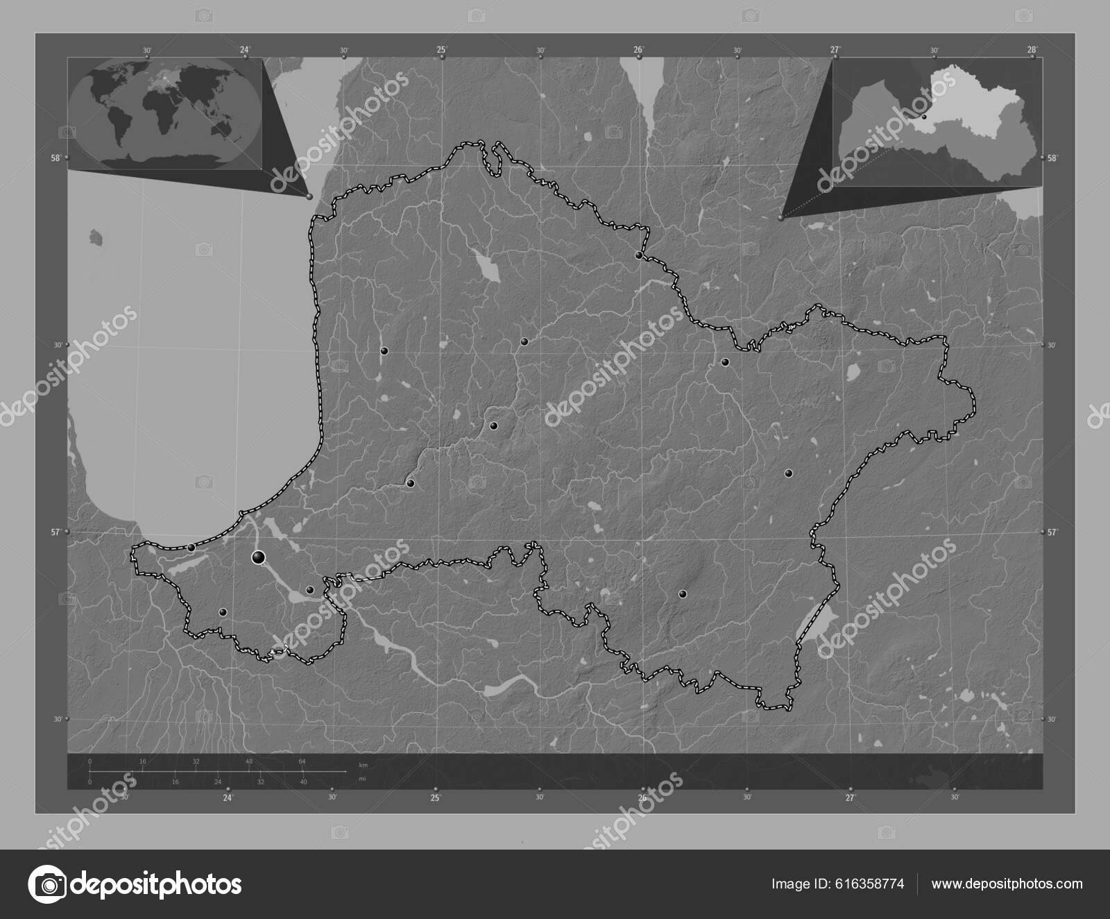 Vidzeme Province Latvia Bilevel Elevation Map Lakes Rivers Locations ...