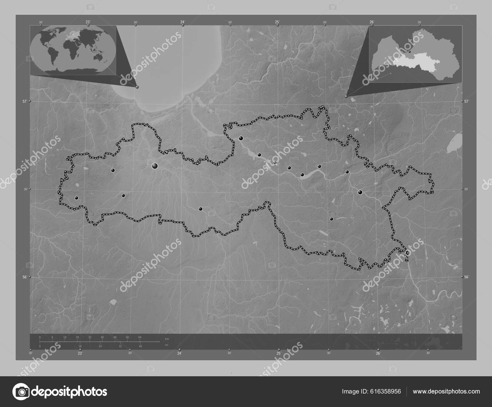 Zemgale Province Latvia Grayscale Elevation Map Lakes Rivers Locations ...