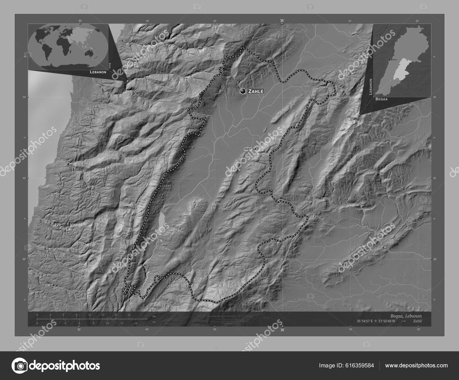 Beqaa Governorate Lebanon Bilevel Elevation Map Lakes Rivers Locations ...