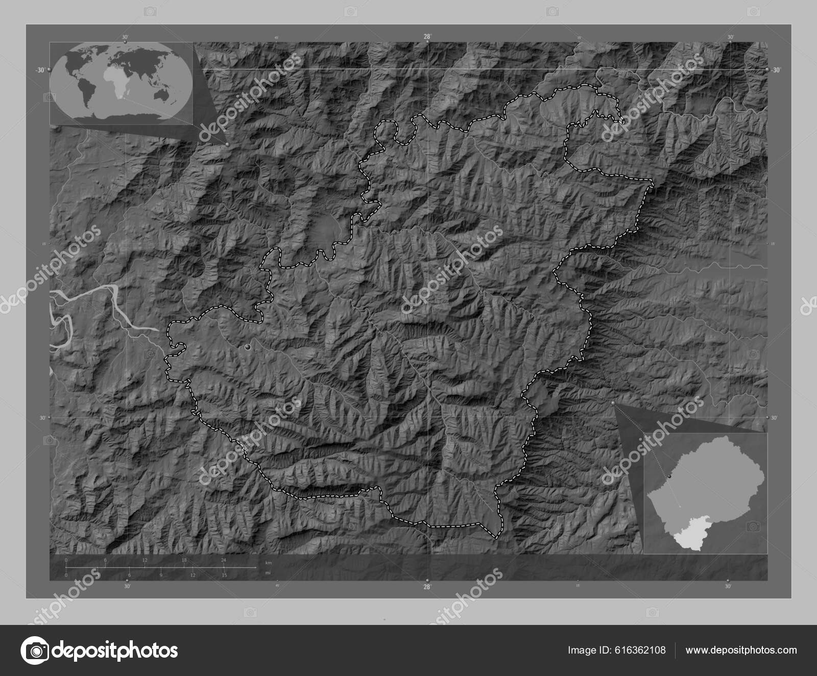 Quthing District Lesotho Grayscale Elevation Map Lakes Rivers Locations ...