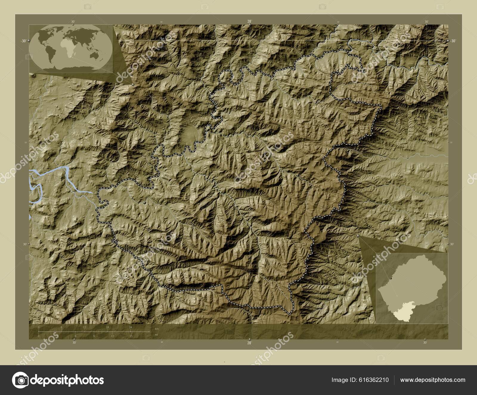 Quthing District Lesotho Elevation Map Colored Wiki Style Lakes Rivers ...