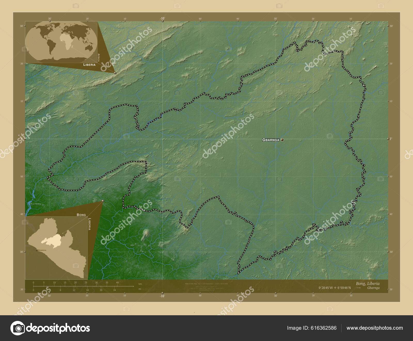 Bong County Liberia Colored Elevation Map Lakes Rivers Locations Names ...