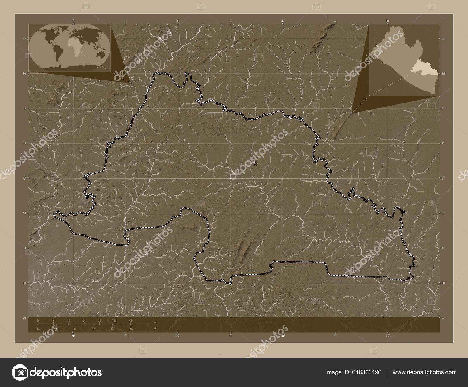 Grand Gedeh County Liberia Elevation Map Colored Sepia Tones Lakes ...