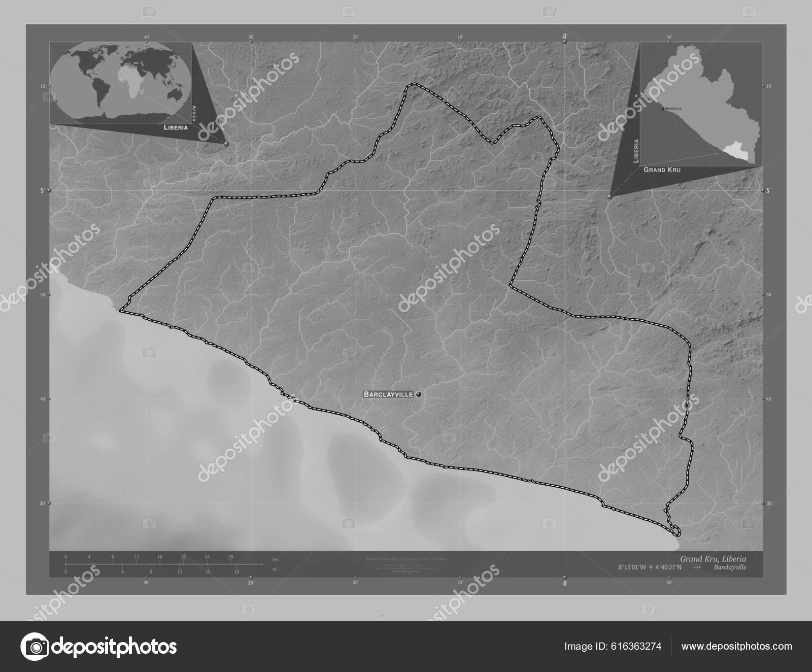 Grand Kru County Liberia Grayscale Elevation Map Lakes Rivers Locations ...