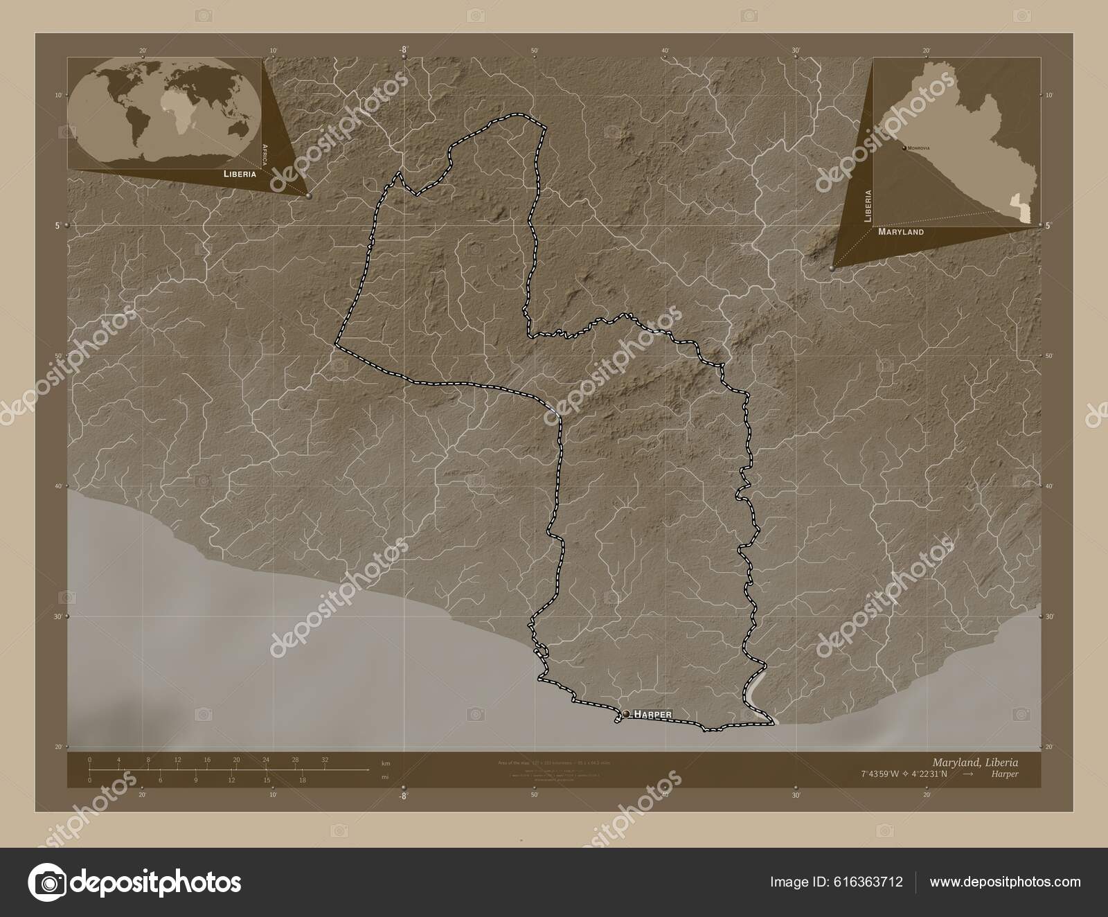Maryland County Liberia Elevation Map Colored Sepia Tones Lakes Rivers ...