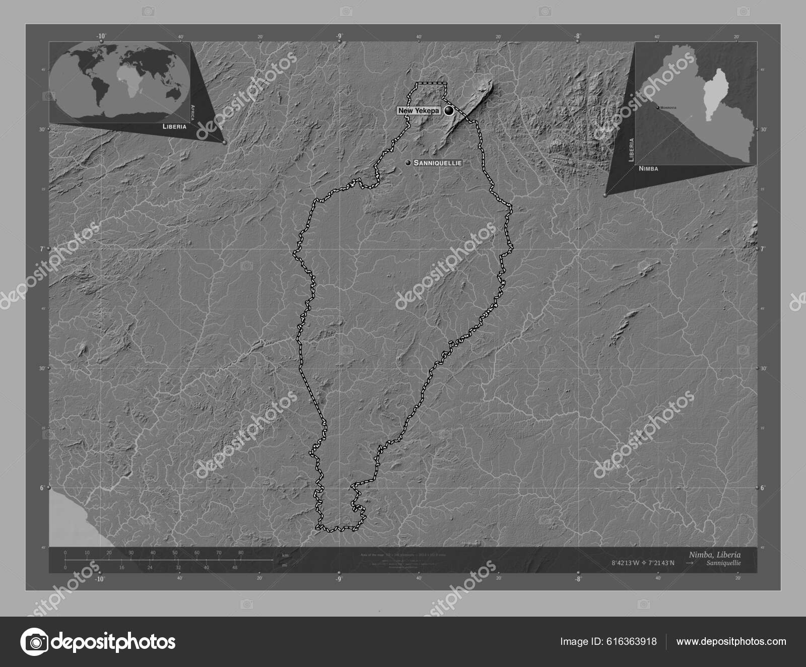 Nimba Condado Liberia Mapa Elevación Bilevel Con Lagos Ríos Ubicaciones ...