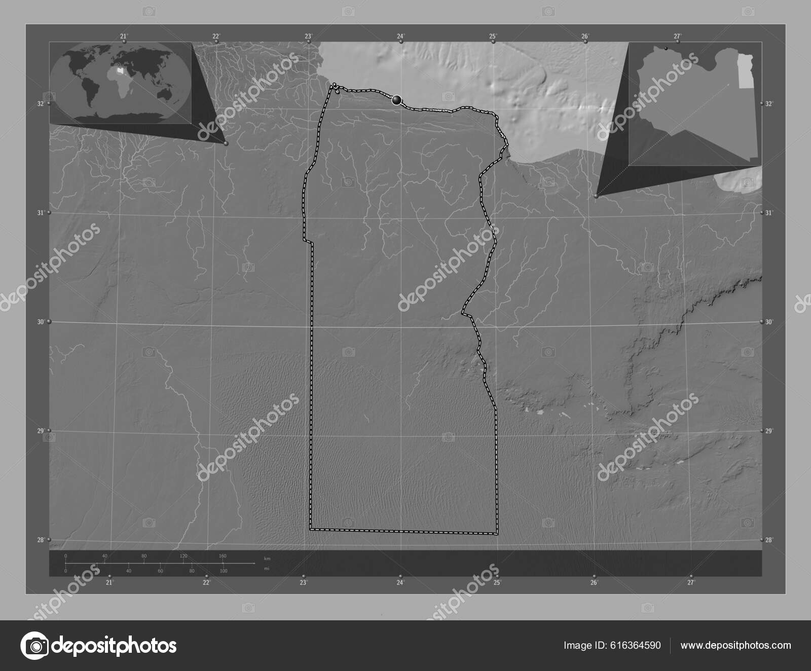 Butnan District Libya Bilevel Elevation Map Lakes Rivers Corner ...