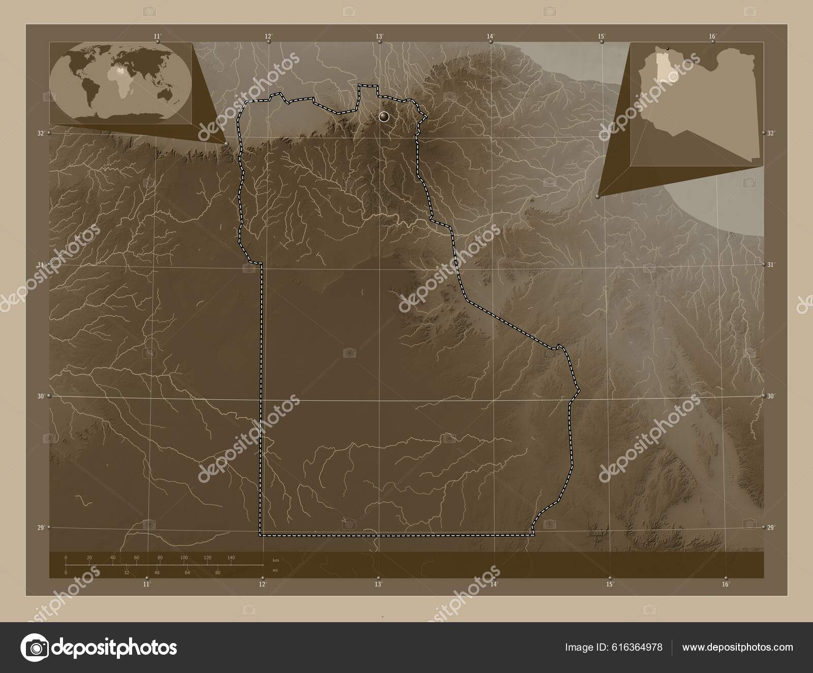 Jabal Gharbi District Libya Elevation Map Colored Sepia Tones Lakes ...