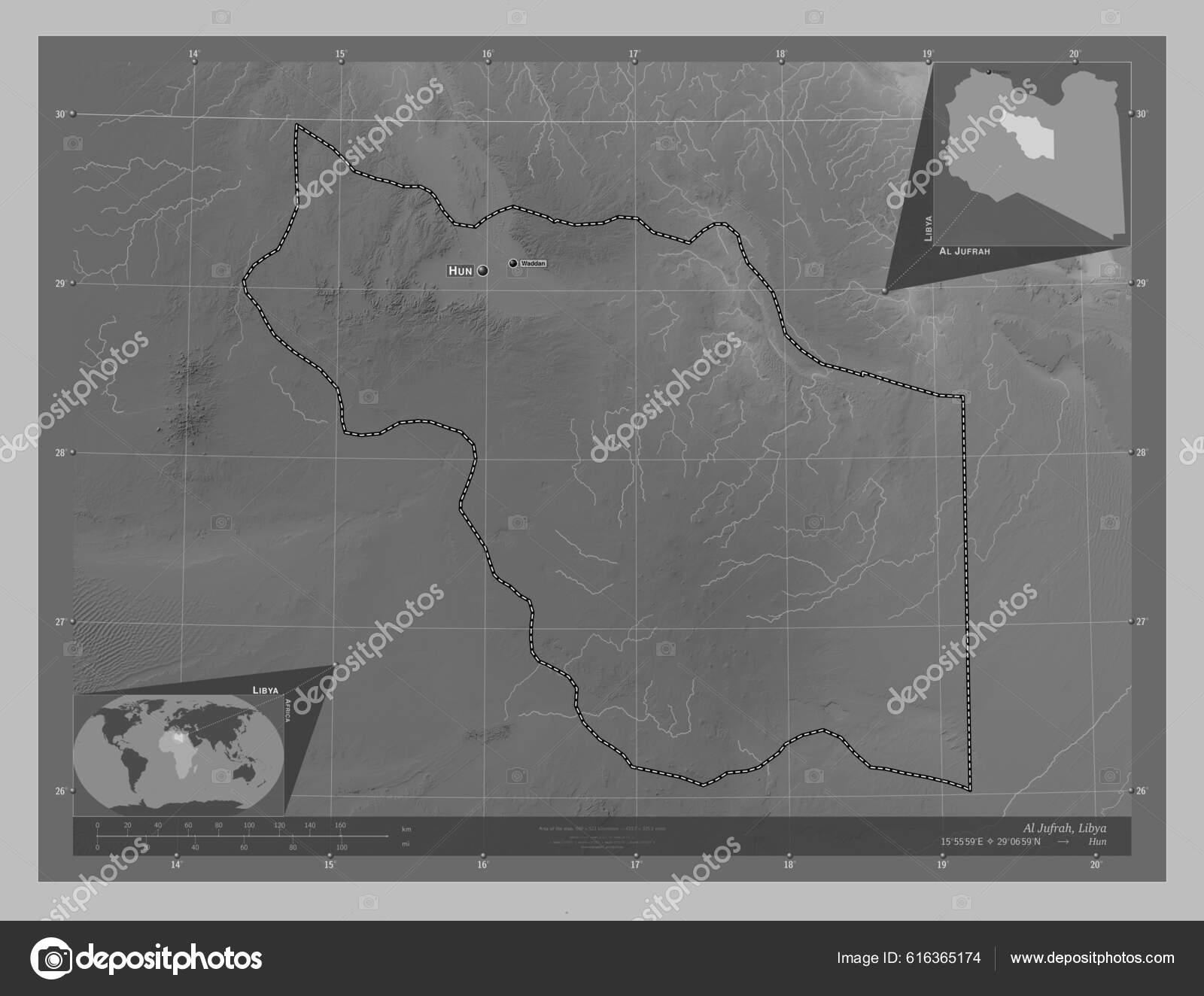 Jufrah District Libya Grayscale Elevation Map Lakes Rivers Locations ...