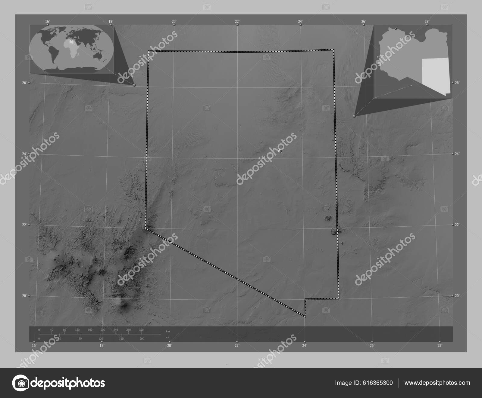 Kufrah District Libya Grayscale Elevation Map Lakes Rivers Locations ...